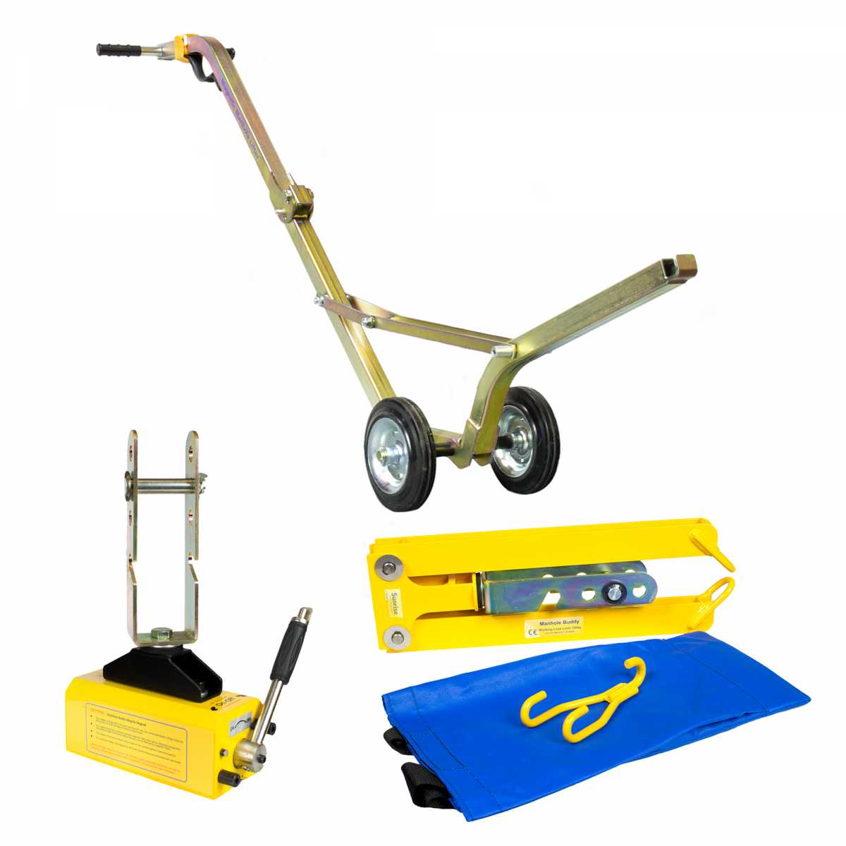 Combined magnetic and key-attached manhole and drain cover lifting set ...